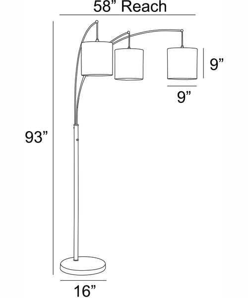 Norlan 3-Light 3-Light Arch Lamp Brushed Nickel/White Fabric Shade LS ...